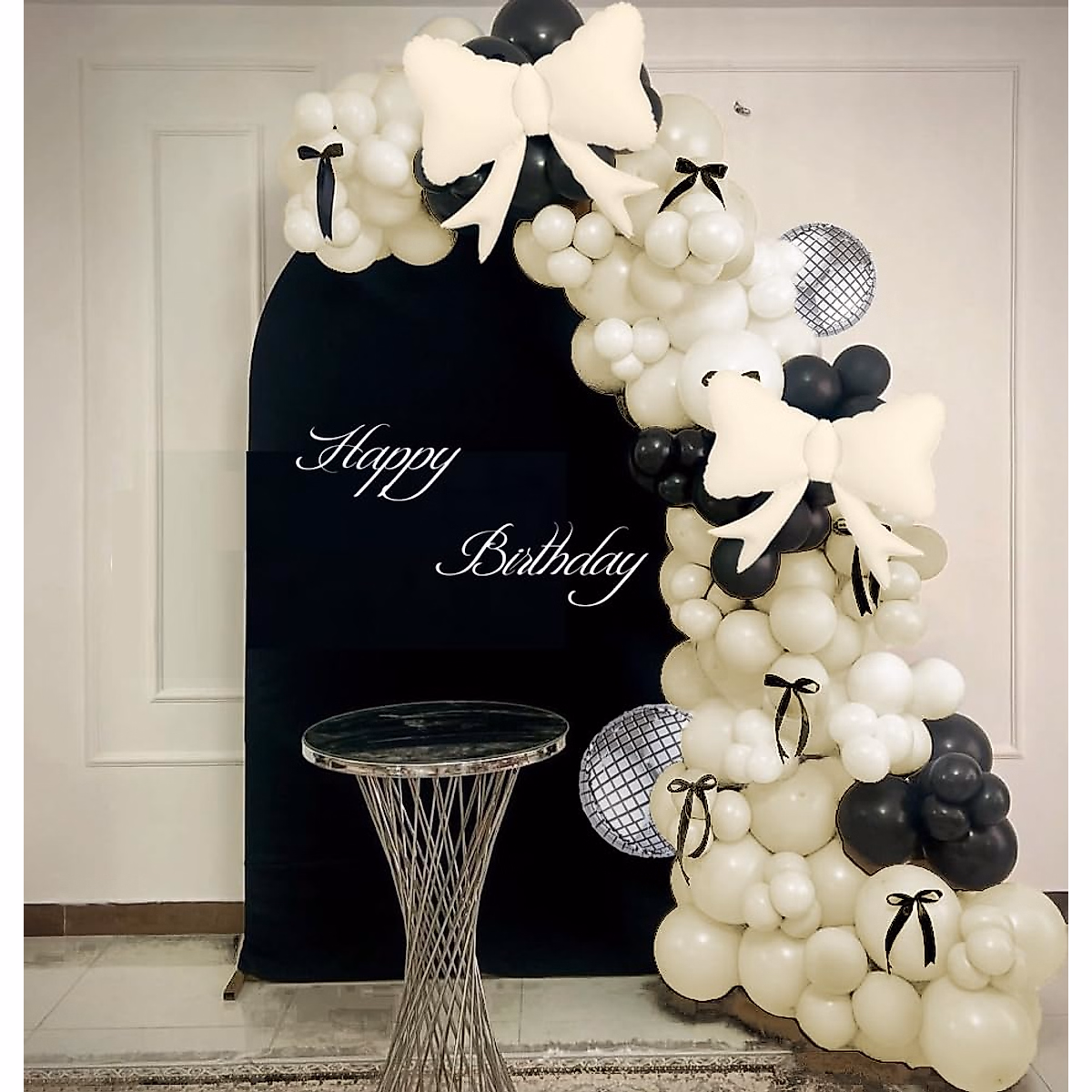 Bow Balloon Garland Arch Kit, 146 Pcs Black and White Bowtie Iridescent Disco Ball Foil Balloon for Birthday Anniversary Wedding Bridal Gender Reveal Supplies Bachelorette Tea Ribbon Party Decoration