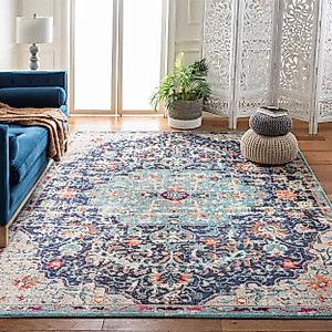 SAFAVIEH Madison Collection Area Rug - 9' x 12', Black & Teal, Boho Chic Medallion Distressed Design, Non-Shedding & Easy Care, Ideal for High Traffic Areas in Living Room, Bedroom (MAD447Z)