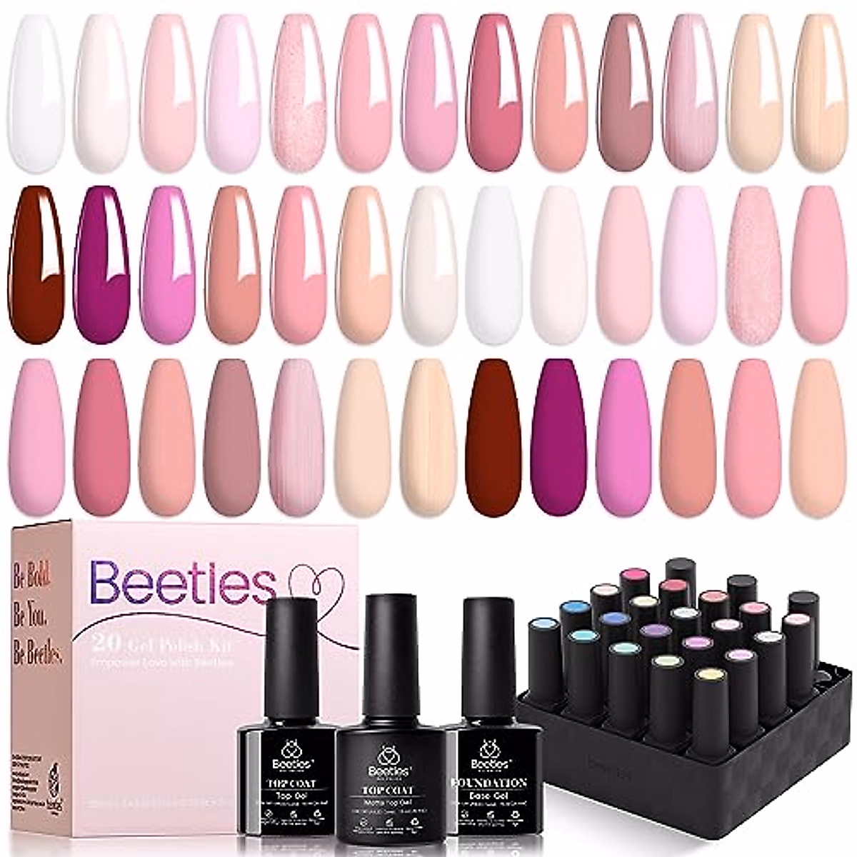 Beetles Gel Nail Polish 23Pcs Nail Set Dare to Bare Collection Nude Pink White Neutral Soak off Uv Led Lamp Needed Manicure with 3Pcs Base Matte and Glossy Top All Seasons for Girls Women