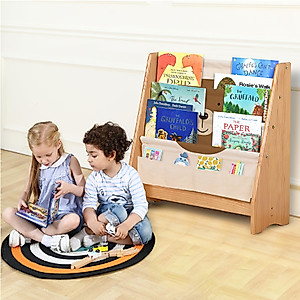 KRAND Kids Sling Bookshelf for Toddler Boys and Girls Book Rack Storage Baby Bookcase Organizer,Features Strong Canvas Sleeves&Solid Wood Structure (Natural/Basic)