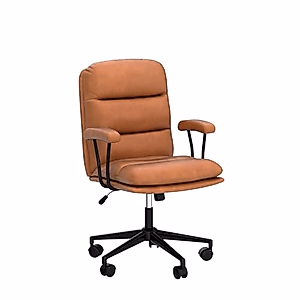 DICTAC Brown Leather Office Chair,Mid Century Home Desk Chair with Padded Mid-Back Support Removable Armrests Height Adjustable