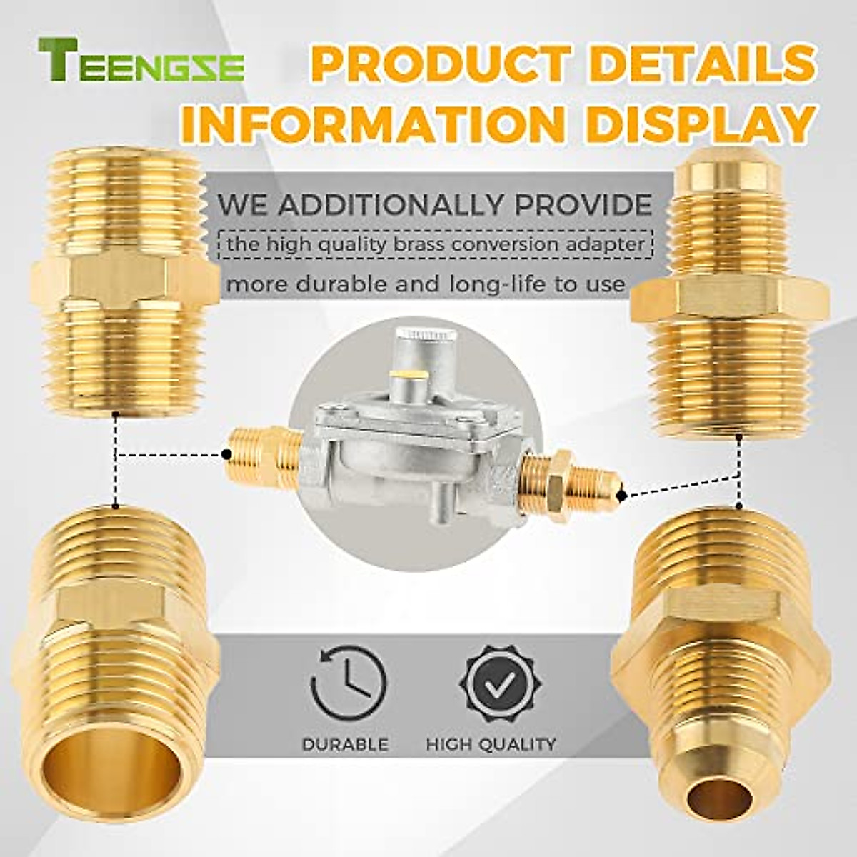 TEENGSE 1/2" Natural Gas and Liquefied Interchange Pressure Regulator, Natural Gas Pressure Regulator with 2 Brass 1/2" NPT conversion adapter for NG/LPG Applications