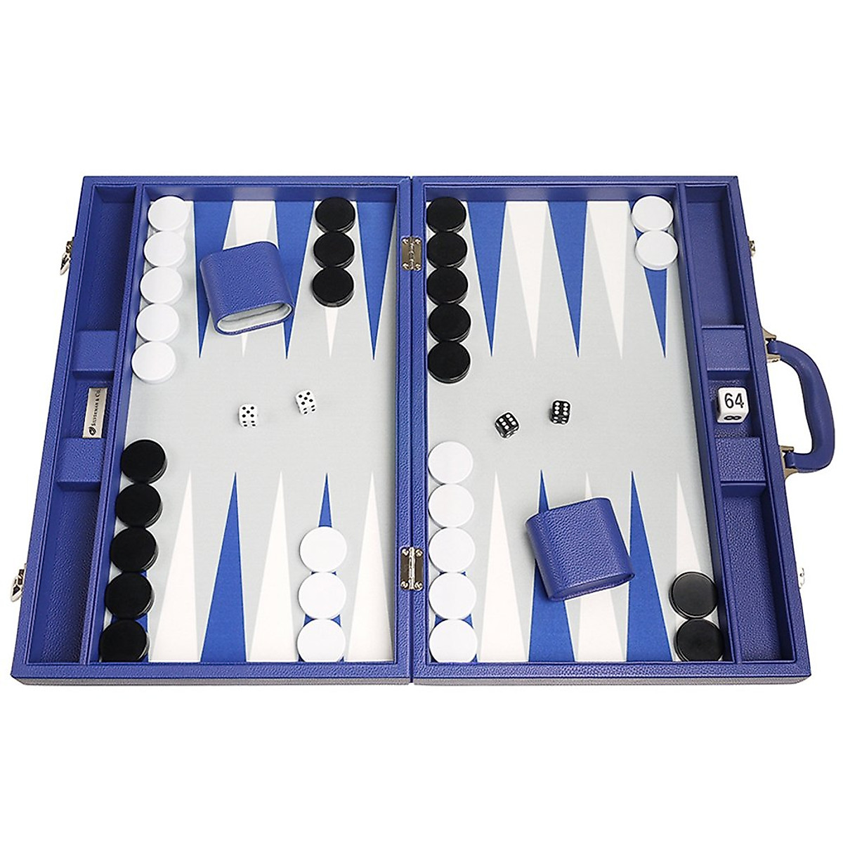 19-inch Premium Backgammon Set - Large Size - Indigo Blue Board, White and Navy Blue Points