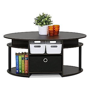 Furinno Jaya Simple Design Oval Coffee Table with Bin for Living Room, Walnut