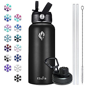 Elvira 32oz Vacuum Insulated Stainless Steel Water Bottle with Straw & Spout Lids, Double Wall Sweat-proof BPA Free to Keep Beverages Cold For 24Hrs or Hot For 12Hrs-Black