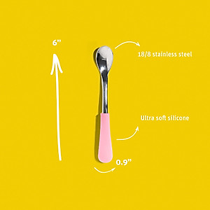 Avanchy Infant Baby Spoons Stainless Steel and Silicone Set, Self Feeding Food Utensils, 4 Months Baby Led Weaning, 2 Pack, Pink