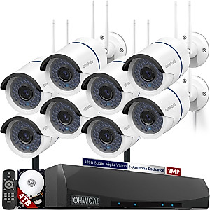 (2-Antenna Signal Enhance & 100 ft Super Night Vision) Outdoor Wireless Security Camera System, WiFi Surveillance Video , 5MP 8-Channel Wireless NVR, 8pcs 3.0MP IP Cameras
