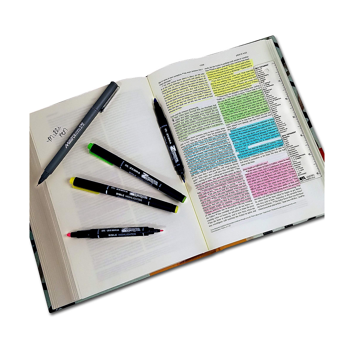 G.T. Luscombe Company, Inc. Zebrite Bible Marking Kit | No Bleed Pigmented Ink | No Fading or Smearing | Double Ended Highlighters, MilliPen & Books of the Bible Ruler/Bookmark (Set of 5 + Ruler)