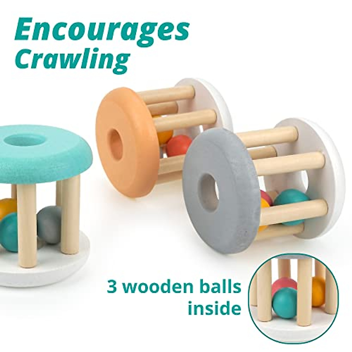 DUCKBOXX XX Wooden Rattle Rollers for Babies Ages 0m – 2yrs (White Base - 3pcs)