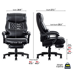 BOWTHY Reclining Office Chair with Footrest, Big and Tall Office Chair 400lbs Wide Seat, High Back Executive Office Chair for Heavy People, PU Leather Swivel Desk Chair (Black)