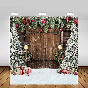 Lofaris Winter Christmas Backdrop Xmas Photography Backdrop Rustic Barn Wood Door Backdrop Xmas Tree Snow Gift Bell Kids Adult Family Supplies Banner Party Baby Shower Decoration Background 8x8ft