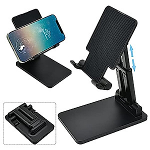 AdplT Foldable Phone Stand for Desk, Adjustable Angle Height Cell Phone Holder with Stable Anti-Slip Design, Universal Desktop Stand, for Smartphones Tablet Portable Monitor, Black
