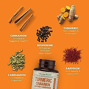 Turmeric Saffron Supplements with Cinnamon powder & Cardamom - Antioxidant Joint Support Supplement Contains Turmeric Curcumin with Black Pepper for Mood, Memory, Eye Health & Well-Being - 60 Capsules