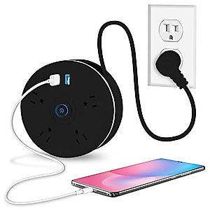YAWMLYE 2000w Surge Protector Power Strip - 6 Ft Retractable Extension Cord 4 Outlet 2 USB Ports Flat Plug Portable Black Power Strip Cruise Ship Essentials for Travel Office Home Wall Mount