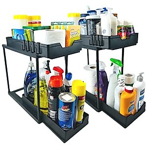 Under Sink Organizer and Storage (Top & Bottom Slide) | Bottom Fits Tall Items |2 Pack Kitchen Bathroom Sink Organizer Basket Storage with Dual Sliding Drawers - For Larger Sinks, Black
