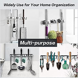 Zikopomi Broom Holder Wall Mount, Stainless Steel Heavy Duty 16 Inch Mop and Broom Holder Self-adhesive Multi Purpose Tool Organizer for Kitchen Pantry Laundry Room Garden Tools Garage Organization
