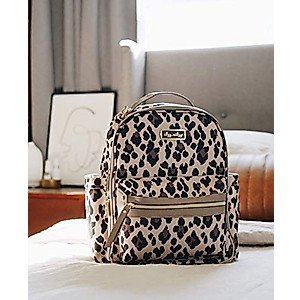 Itzy Ritzy Chic Mini Diaper Bag Backpack Made of Printed Polyester with Vegan Leather Changing Pad, 8 Total Pockets (4 Internal + 4 External), Handle & Rubber Feet, Leopard