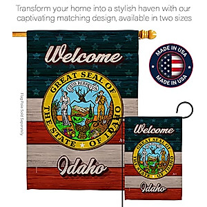 Welcome Idaho Garden Flag - Set Wood Dowel Americana States USA American Territories Republic Country Particular Area - House Decoration Banner Small Yard Gift Double-Sided Made in 13 X 18.5