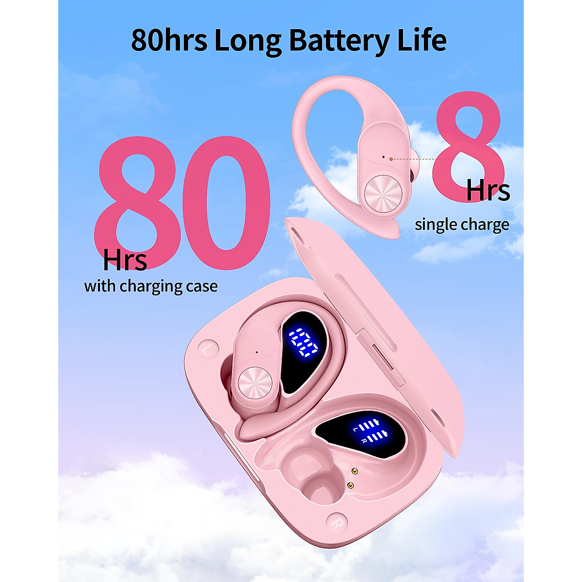 Bluetooth Headphones Wireless Earbuds 80hrs Playtime Wireless Charging Case Digital Display Sports Ear buds with Earhook Premium Deep Bass IPX7 Waterproof Over-Ear Earphones for TV Phone Laptop Pink