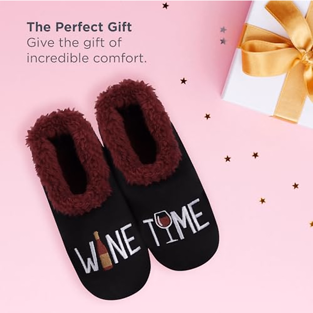 Snoozies Pairables Sherpa-lined Slipper Socks - Fuzzy and Cute Slippers for Women with Non-Slip Sole - Ladies Warm Slippers - Wine Time - Medium