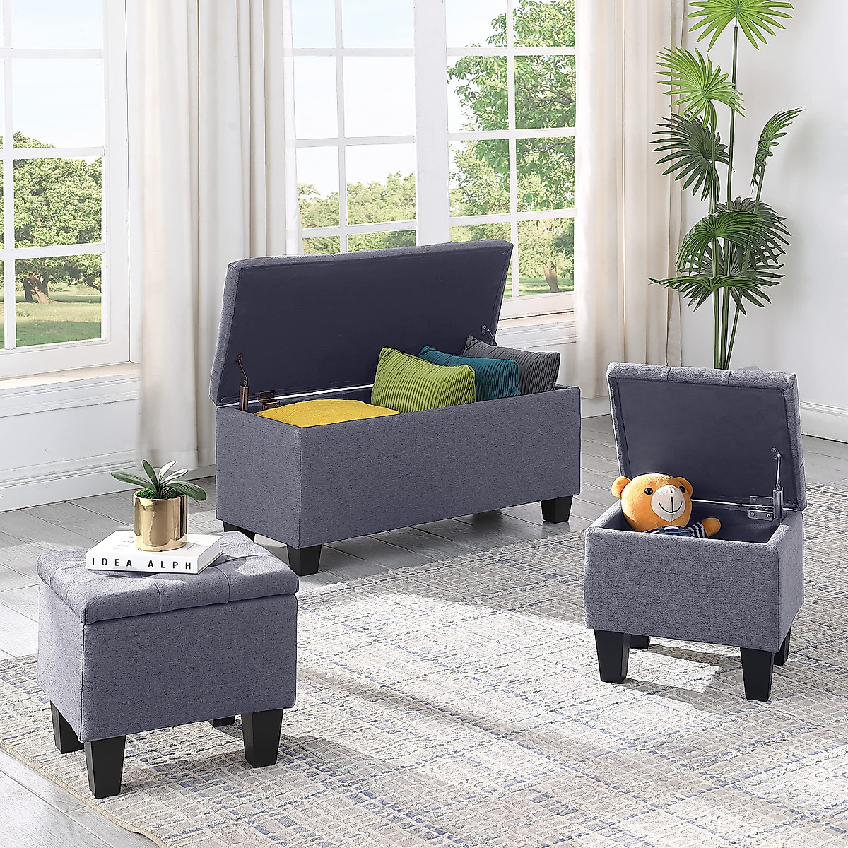 Tassullo Hinged Storage Ottoman Set of 3, 38'' Living Room Storage Bench with Thick Seating, 2pcs Small Square Dorm Stool Couch Side Foot Rest