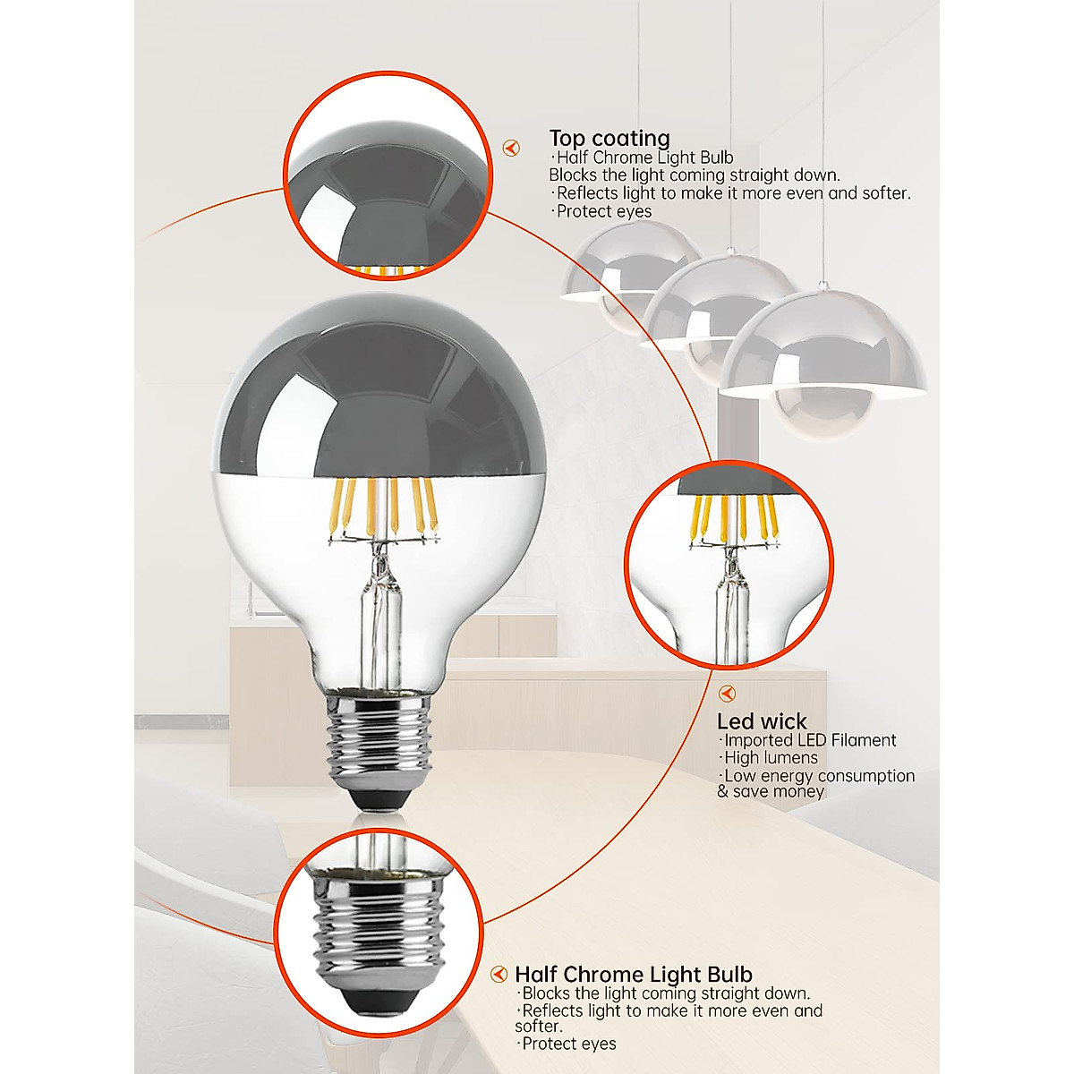 OMED 60w Equivalent Half Chrome Led 4 Pack Lights | 6Watt G25/G80 Silver Bowl Globe Shape LED Blub | Warm White 2700K Medium E26 Base Dimmable LED Filament 600 Lumens Vintage Bulb