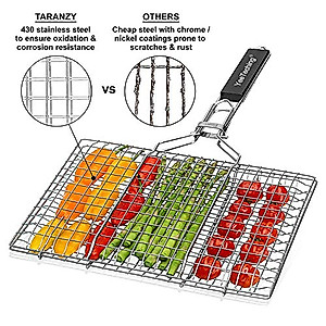 Yeeteching BBQ Grill Basket,430 Durable Food Grade Stainless Steel Fish Grilling Basket with Removable Handle for Fish Vegetable Steak Shrimp with 2 Pack Brushes (grill basket+brushes)