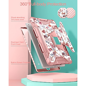 SURITCH for iPad 9th/8th/7th Generation Case 10.2-inch, Built in Screen Protector Pencil Holder Shockproof Rugged Full Body Protection Case with Kickstand for iPad 2021/2020/2019 - Rose Marble