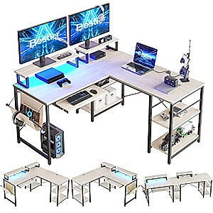 Bestier L Shaped Office Desk with Led Light 95.2 Inch Gaming Corner Desk or 2 Person Long Table with Shelves Monitor Stand and Keyboard Tray for Home Office, White Wash
