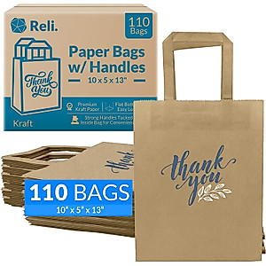 Reli. 110 Pack | 10"x5"x13" | Paper Thank You Bags w/Handles | Brown Paper Bags, Printed | Small Thank You Giftbag for Guests | Gifts, Wedding, Merchandise, Small Business