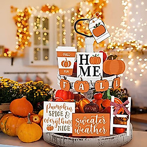 Two Tiered Tray with 11 Pcs Wooden Signs, Farmhouse Tiered Tray Decor Set Rustic Wood Home Kitchen Table Stand Decor Decorative Table Shelf Centerpiece(Autumn Style)