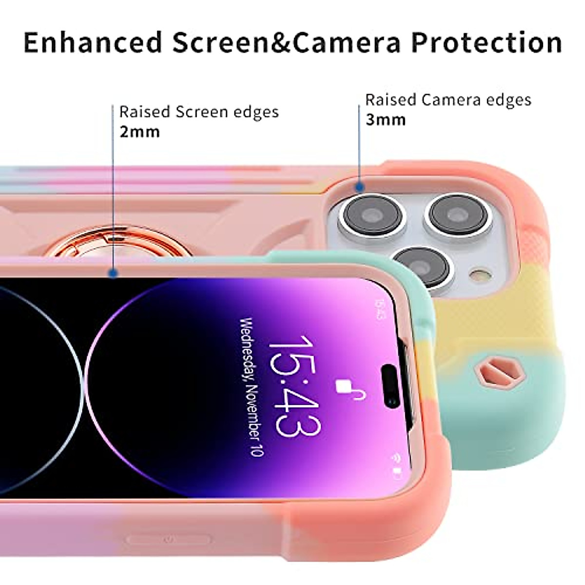 MARKILL Compatible with iPhone 14 Pro Max Case 6.7 Inch with Ring Stand, [Soft Silicone and Hard Plastic ] Heavy-Duty Military Grade Shockproof Phone Cover for iPhone 14 Pro Max. (Rainbow Pink)