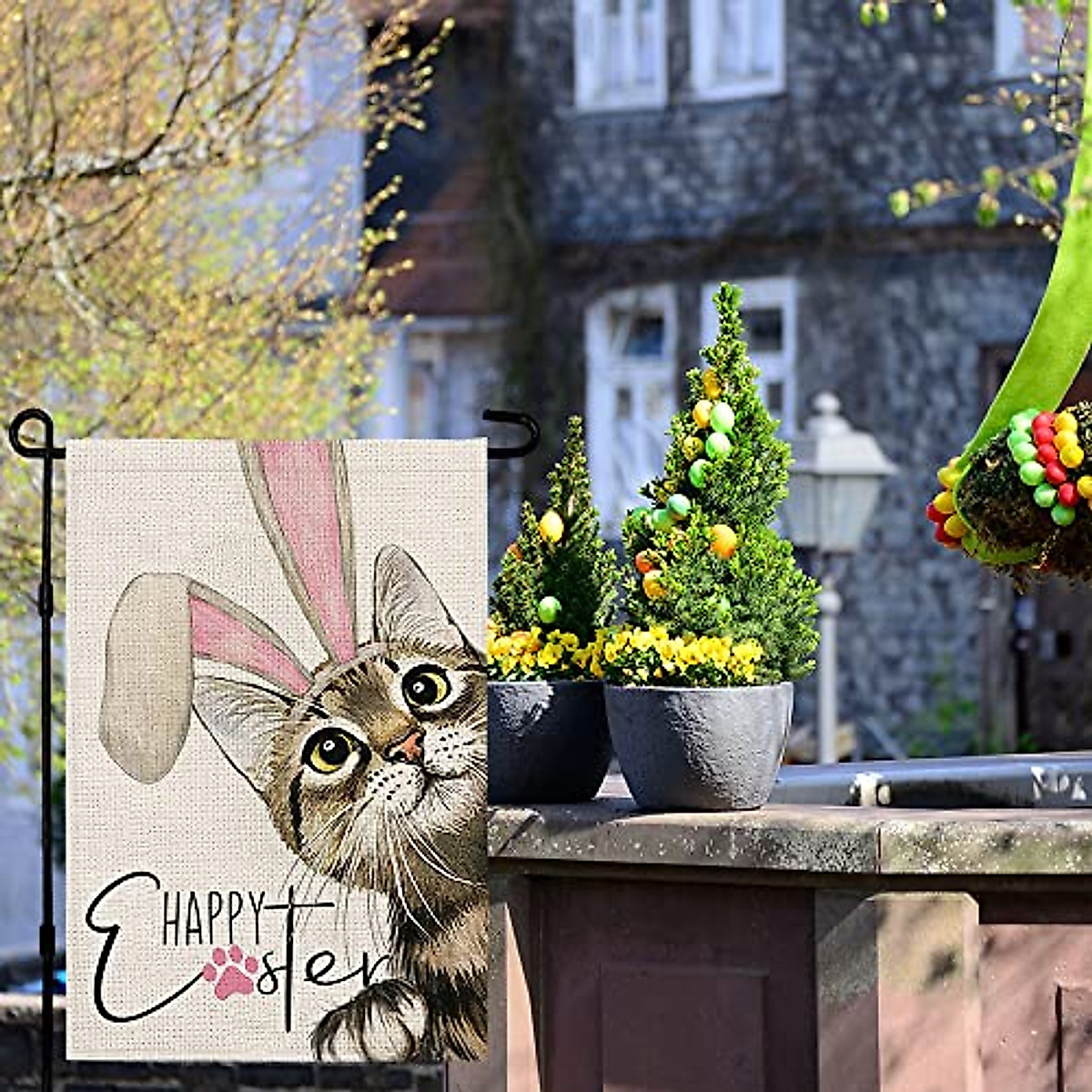 CROWNED BEAUTY Happy Easter Garden Flag 12×18 Inch Double Sided Cat with Rabbit Ear Outside Vertical Holiday Yard Flag