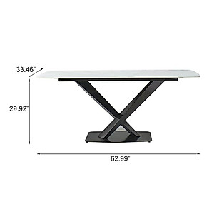 Montary 7 Piece Dining Table Set, Dining Chairs Set of 6, Modern Style Sintered Stone Marble Table with Black Titanium Metal X-Base, 63" Dining Table with 6 Pcs Chairs