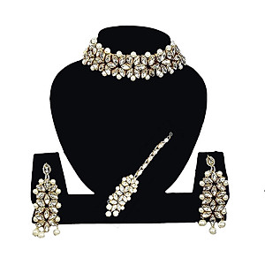 Aheli Wedding Party Wear Bridal Jewellery Choker Long Pearl Necklace Earrings Maang Tikka Indian Traditional Set for Women White