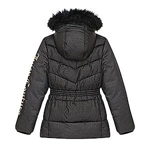Juicy Couture Girls Puffer Jacket, Laminated Bubble Kids Coat with Fur Hoodie, Black, Small