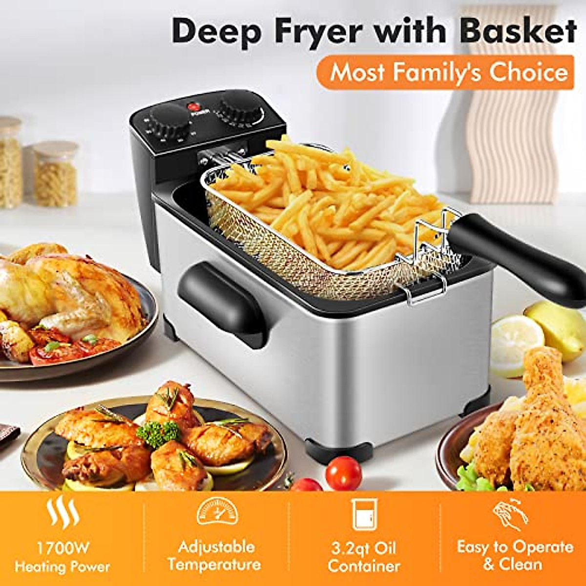 COSTWAY Deep Fryer with Basket, 3.2Qt Stainless Steel Electric Oil Fryer w/Adjustable Temperature, Timer, Lid with View Window, Professional Style, Deep Fryer Pot for Home Use, French Fries, Chicken