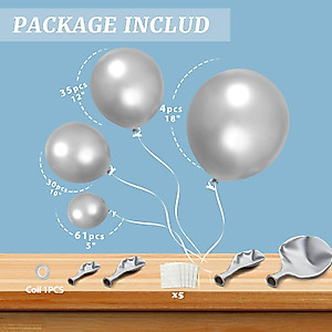 MOMOHOO 130PCS Silver Balloons Different Size, 5 10 12 18 Inch Metallic Silver Balloons Garland Kit Chrome Latex Balloons for Weddings, Anniversary, Celebration Party Decoration.