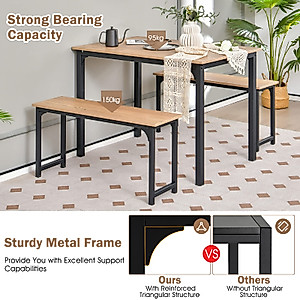 COSTWAY 3 PCS Dining Table Set for 4, Rectangular Kitchen Table with 2 Benches, Industrial Counter Height Table Set with Anti-slip Pads, Heavy Duty Steel Frame for Dining Room, Kitchen, Bar (Natural)