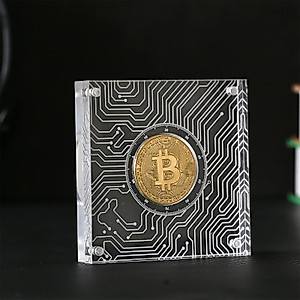 Crypto Coin Set with Display Case Bitcoin Showcase, Physical Bitcoin Coin with Acrylic Glass Magnetic Display Case, Gold Plated Cryptocurrency Coins
