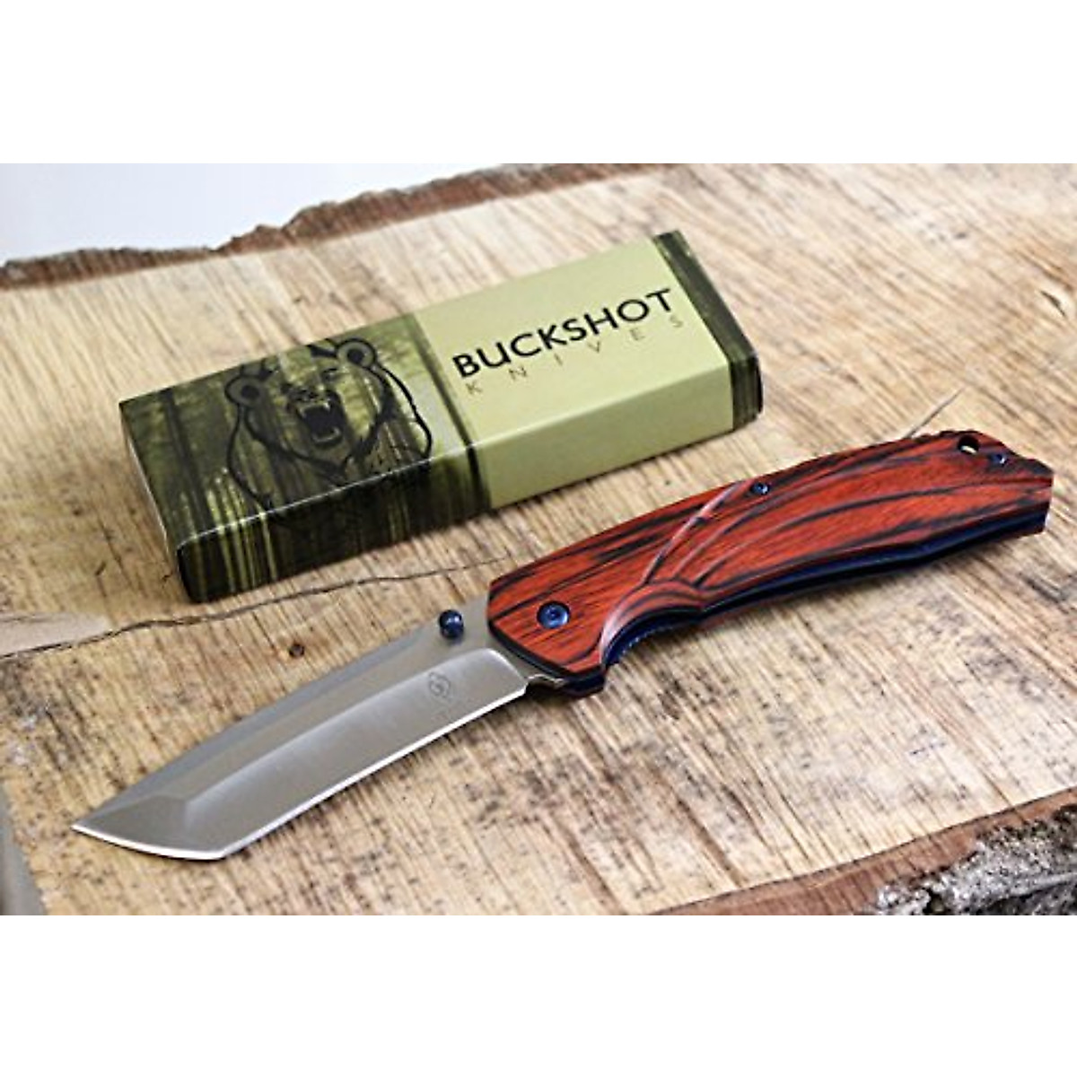 Buckshot Knives PBK220 Thumb Open Spring Assisted Tanto Cleaver Classic Wood Handle Pocket Knives (PBK220WD)