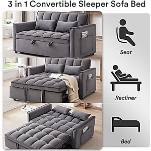 SPOWAY 3 in 1 Sleeper Sofa Couch Bed, Velvet Convertible Sofa Bed with Armrests, Storage Pockets & 2 Pillows, Modern Sofa Bed Couch for Living Room Apartment Bedroom Office, Dark Grey