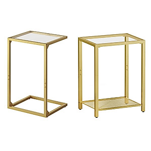 HOOBRO C-Shaped End Table and Side Table Bundle, Tempered Glass Bedside Table, Modern Metal Frame, for Office, Bedroom, Living Room, Study GD04SF01-GD76BZ01