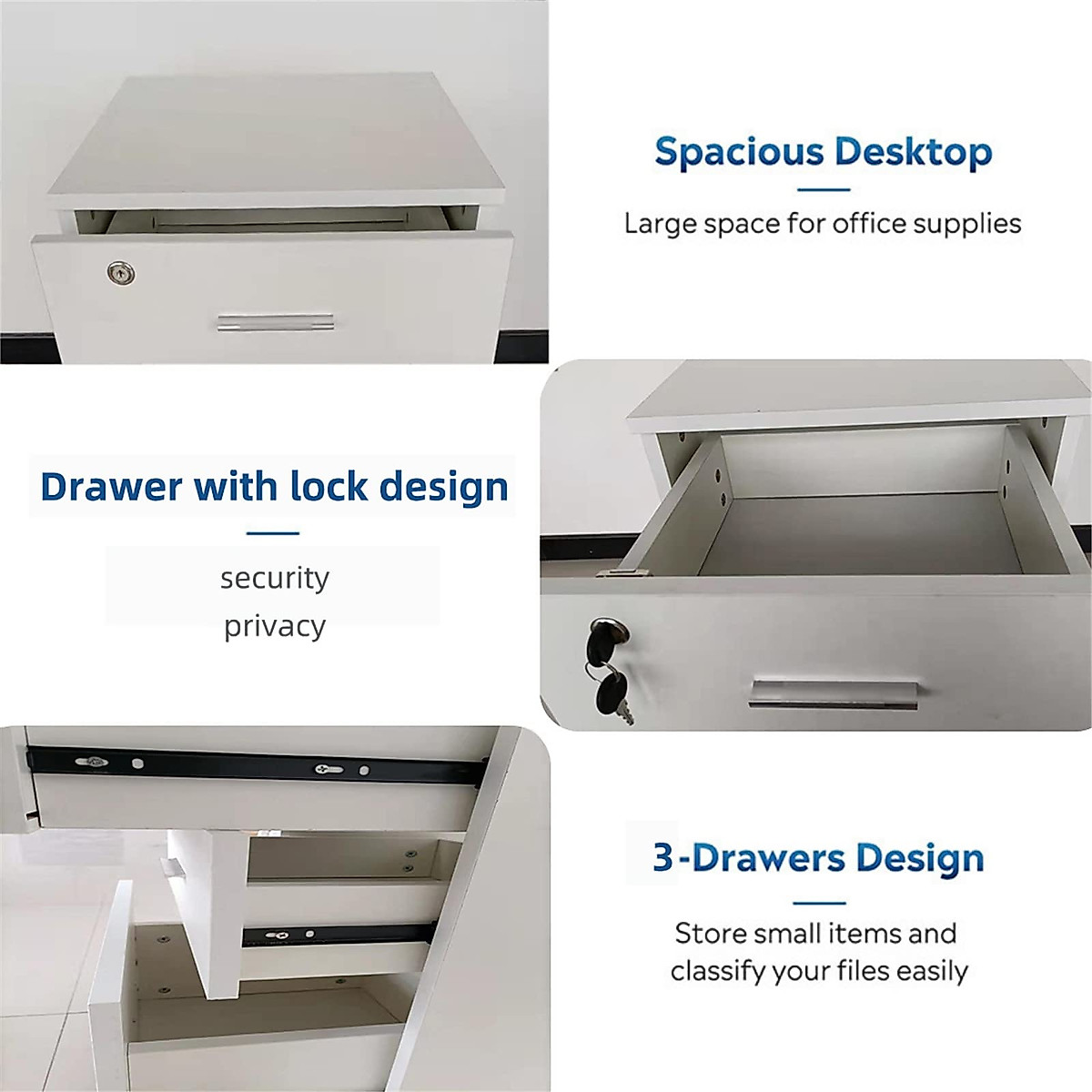 YQ JENMW 3 Drawers File Cabinet, Rolling Mobile Vertical Filing Cabinet with Lock, Wood Under Desk File Cabinet with Wheels for Supplies Files, and Materials,Mobile File Cabinet for Home Office,White