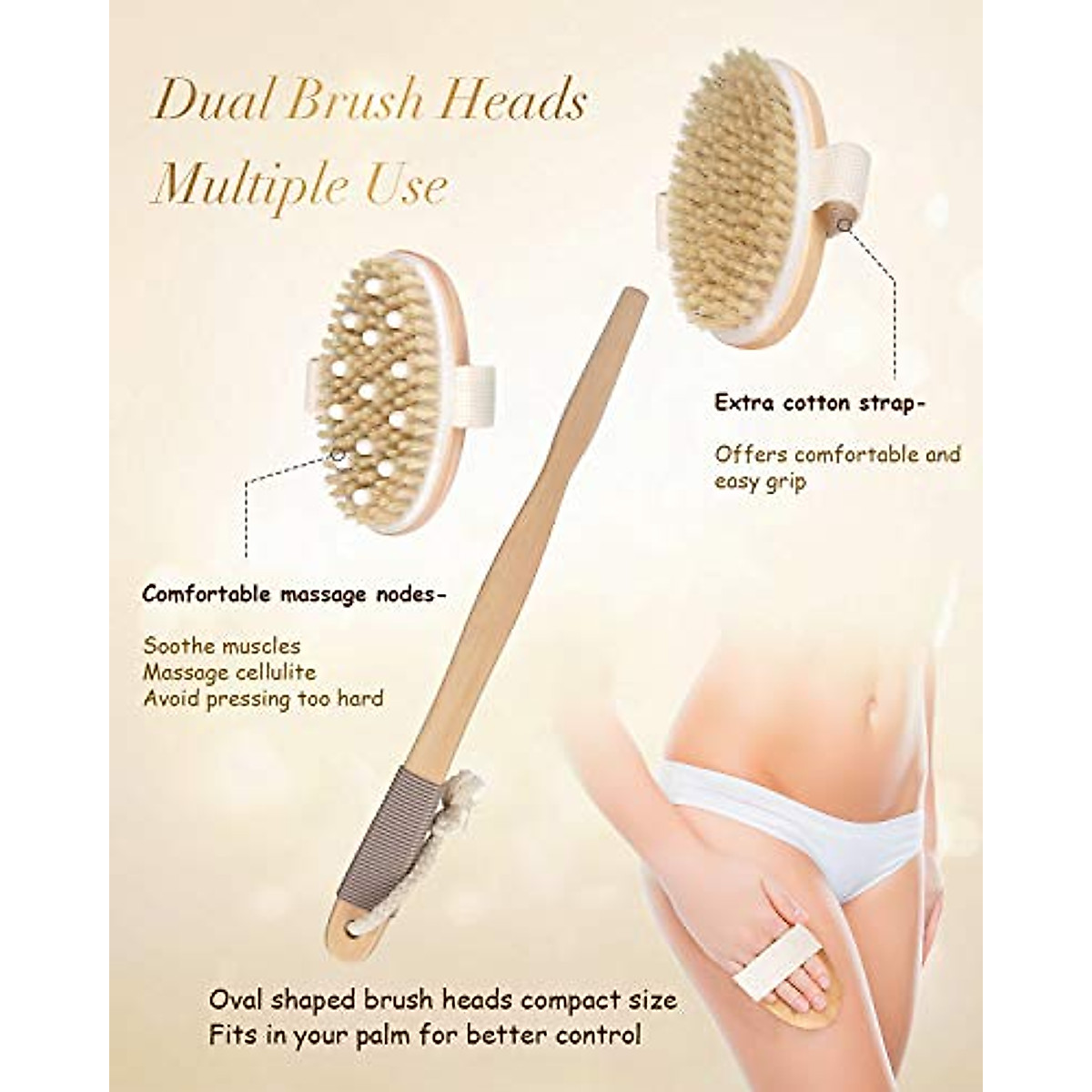 Shower Brush, POPCHOSE Detachable Dry Brushing Body Brush for Body Cellulite and Lymphatic, Back Scrubber for Shower Long Handle Natural Bristle Exfoliator Scrubber, Dual Brush Heads for Women & Man