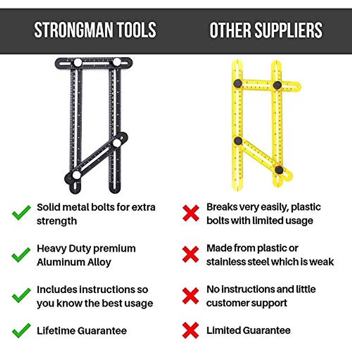 Strongman Tools Heavy Duty Aluminum Angle Measuring Ruler Angle Finder Template Ideal Gift for The DIY Lover Craftsman Carpenter Construction (Includes Pouch + Pencil) Woodworking Tool