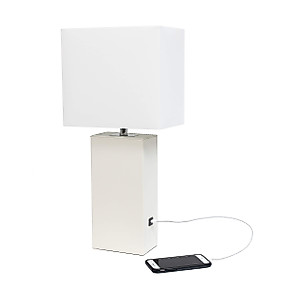 Elegant Designs LT1053-WHT Modern Leather Table Lamp with USB and White Fabric Shade, White