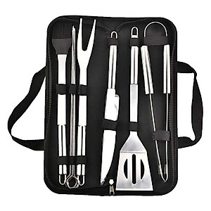 Dusted Lightweight Stainless Steel 6 Piece Travel Grill Utility Set - Spatula, Tongs, Fork, Brush, Knife, Skewers, Canvas Bag, Perfect for Grilling at Home Or On The Go