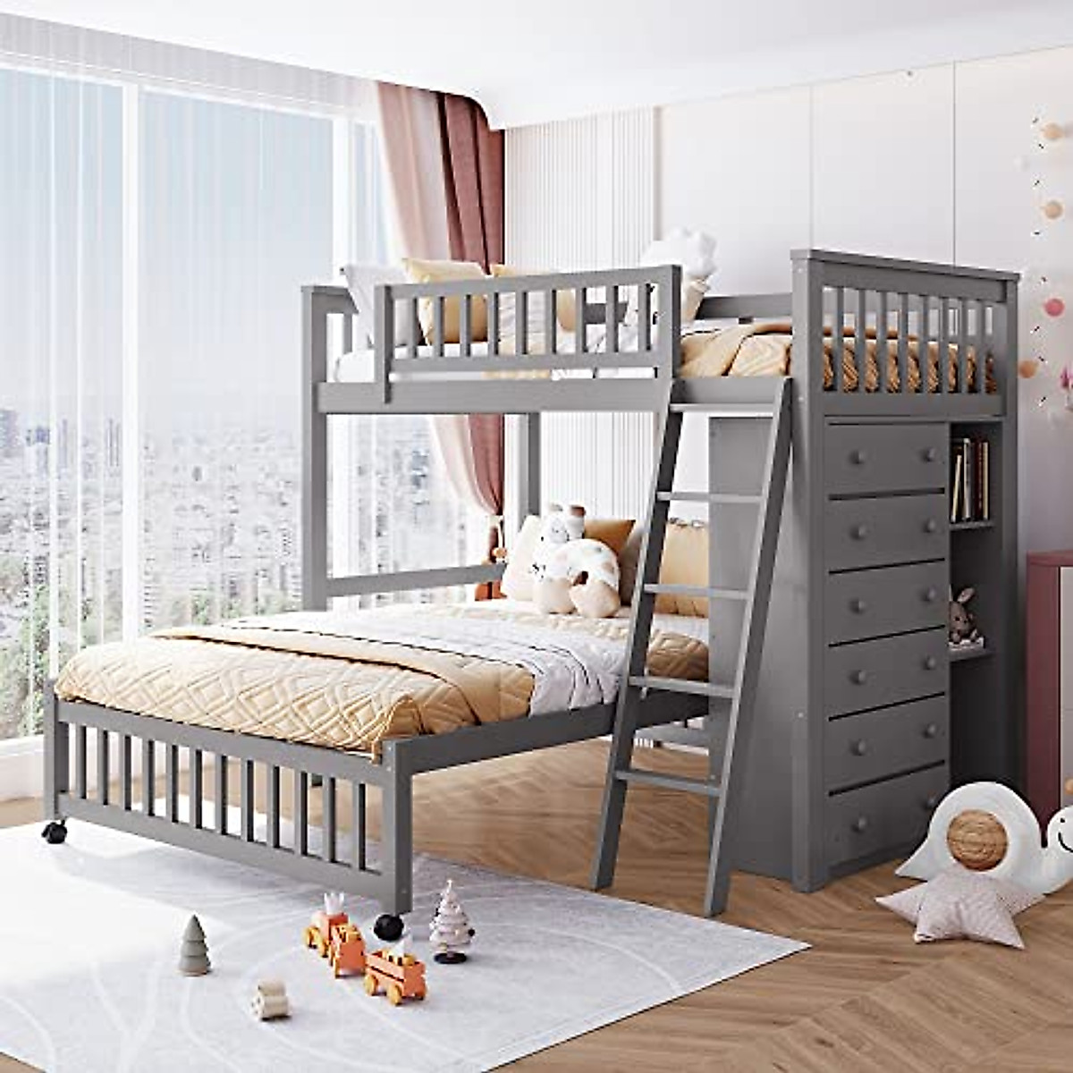 Brabrety Twin Over Full Wooden Bunk Bed with Six Drawers and Three Flexible Shelves, Bottom Platform Bed with Wheels can Movable.Suitable for Children's and Teenagers' bedrooms or Dormitories