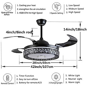 SenHome 42 Inch Ceiling Fan with Light and Remote LED Three-Light Retractable Blades with Bluetooth Speaker Music Ceiling Light for Living room/Restaurant/Hall